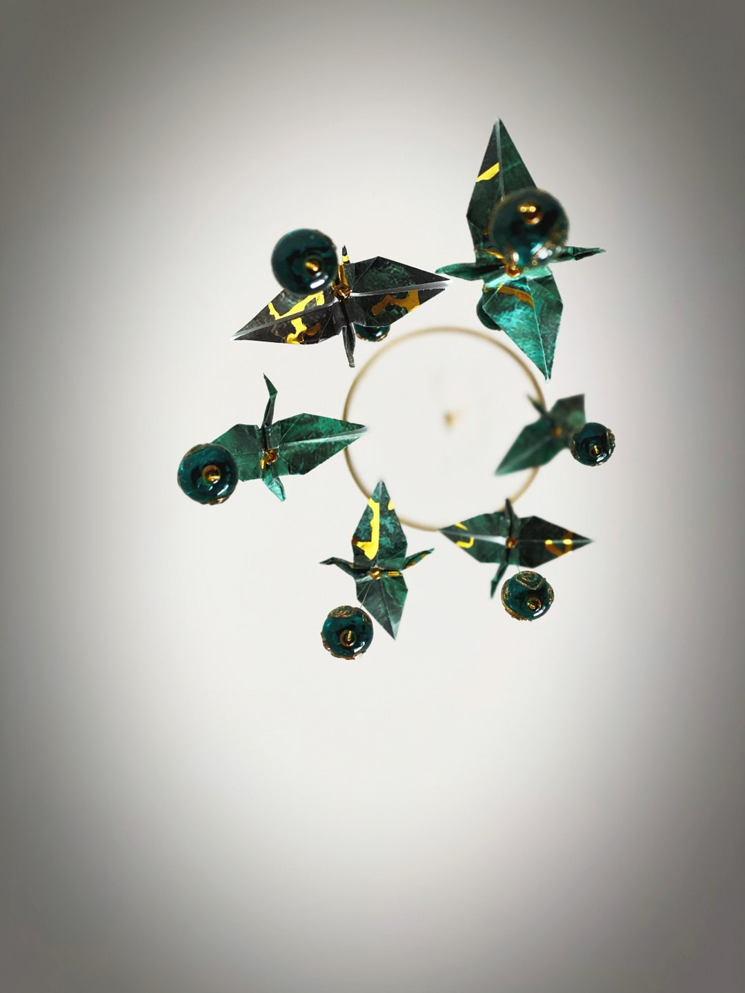 Origami Mobile, Japanese, Kintsugi, With Green Paper Cranes and Glass ...