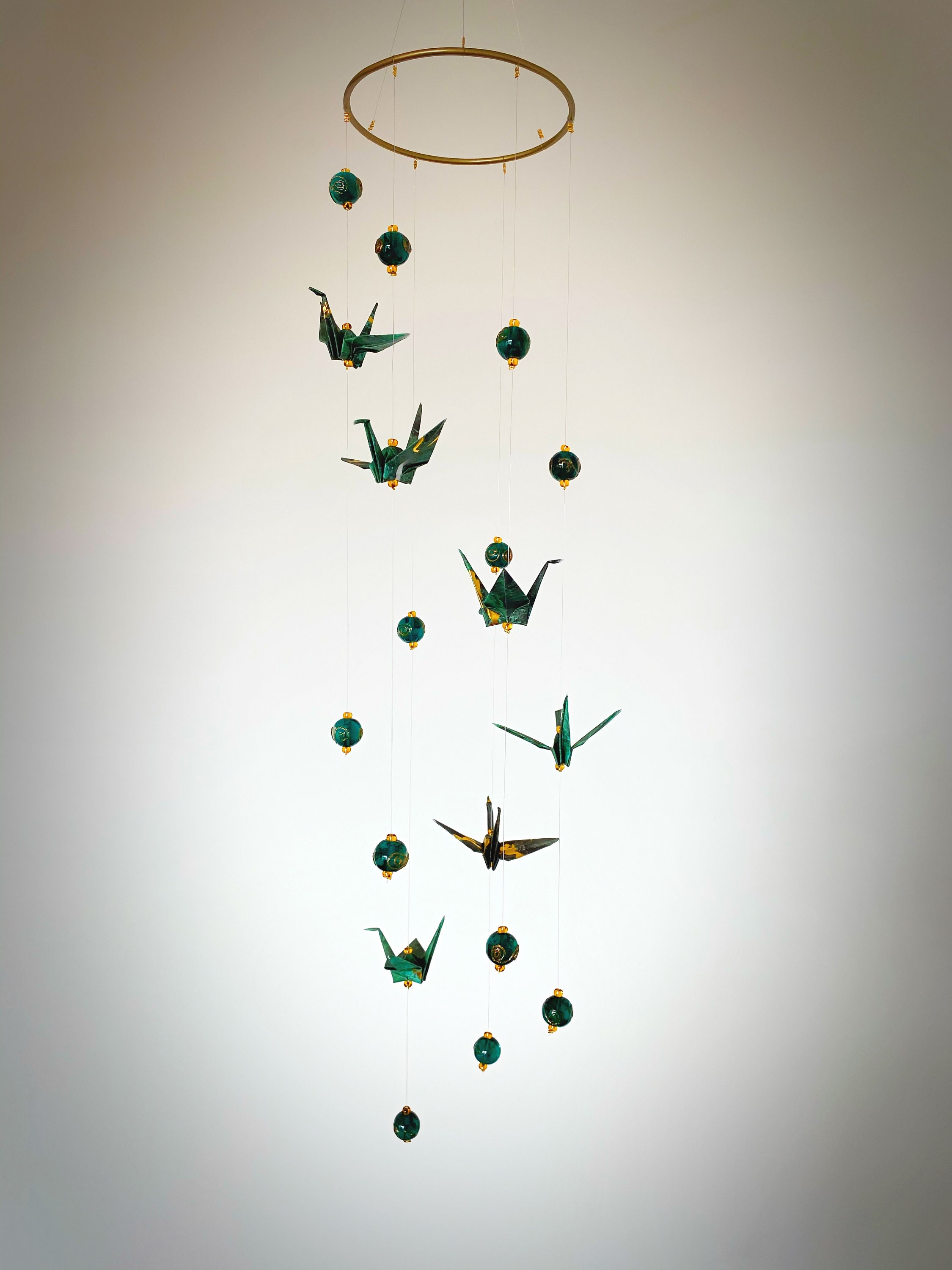 Origami Mobile, Japanese, Kintsugi, With Green Paper Cranes and Glass ...