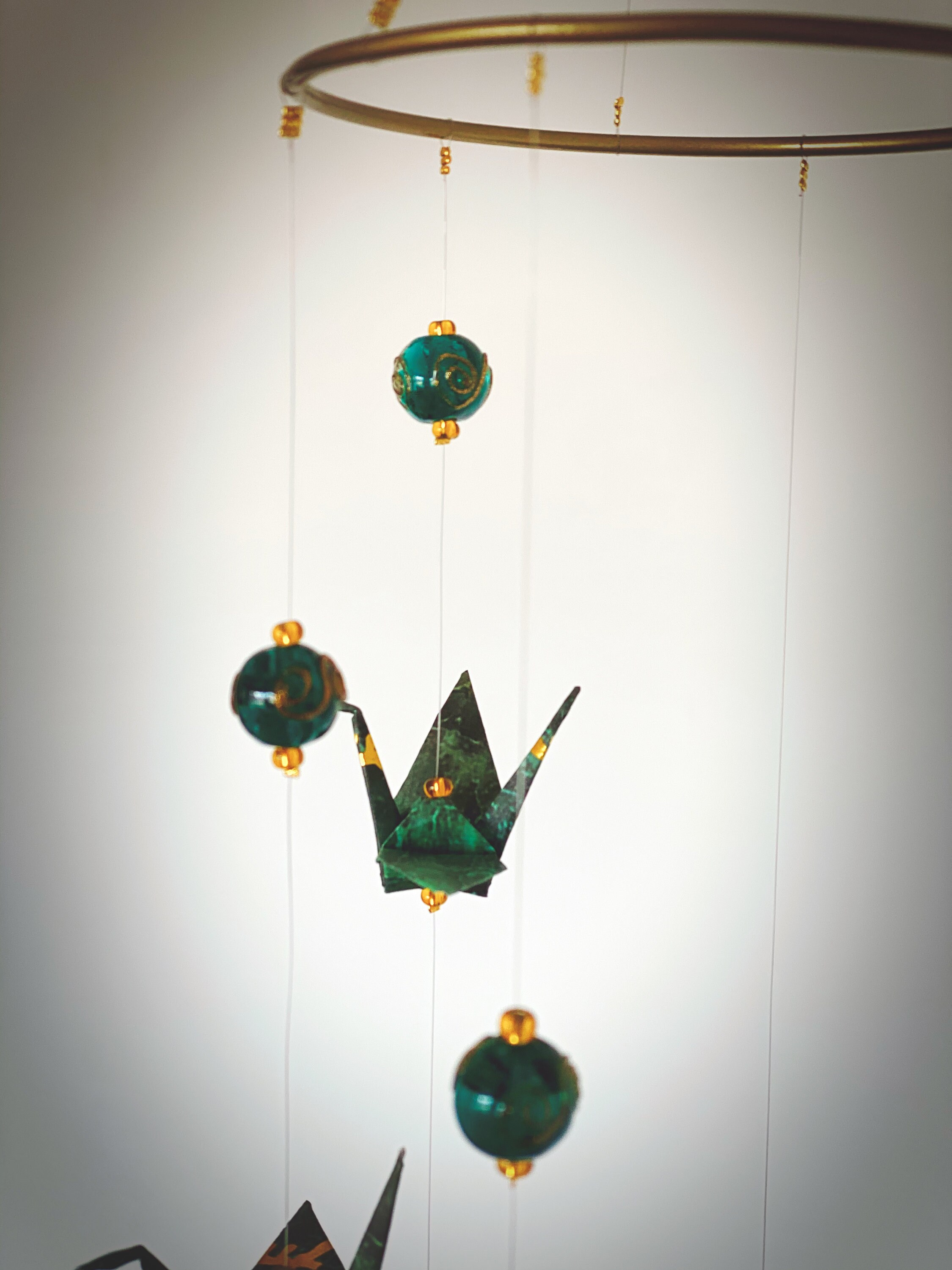 Origami Mobile, Japanese, Kintsugi, With Green Paper Cranes and Glass ...