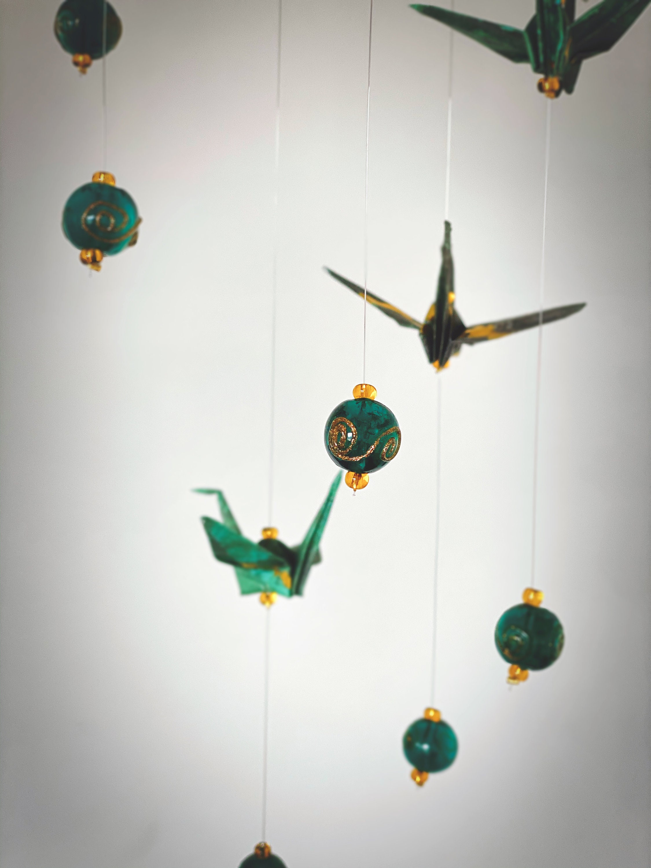 Origami Mobile, Japanese, Kintsugi, With Green Paper Cranes and Glass ...