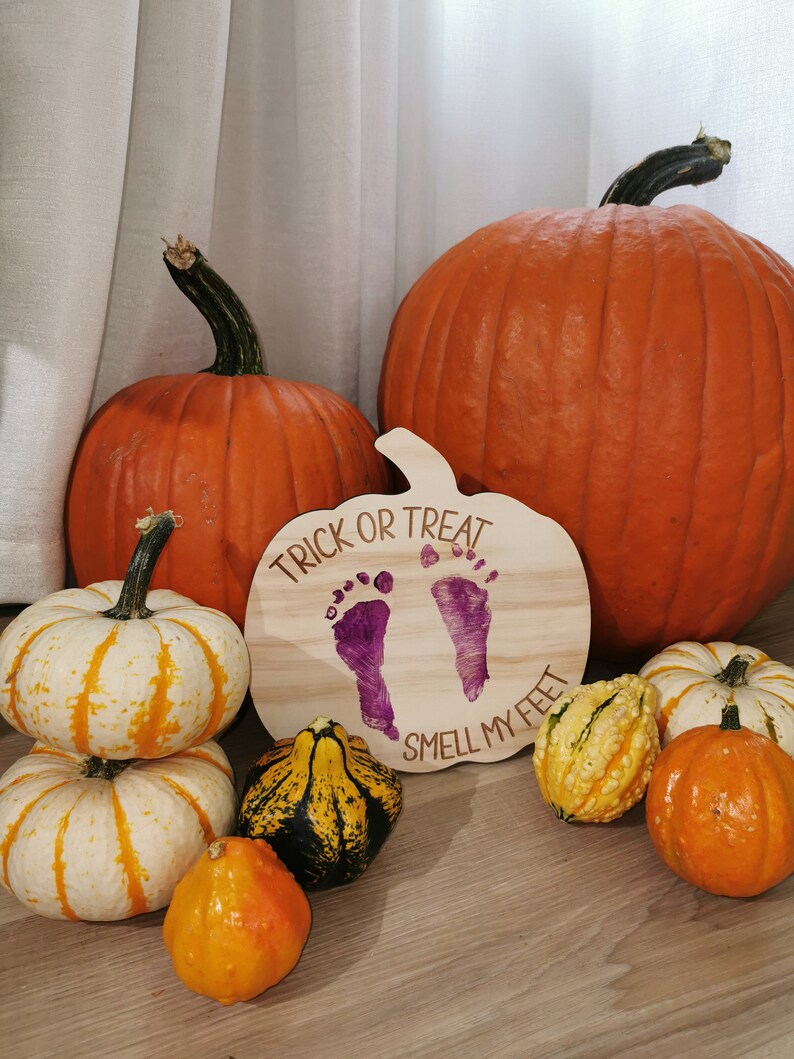 Halloween Kids / Baby Craft - Footprint Pumpkin Cutout Wood Decoration ...