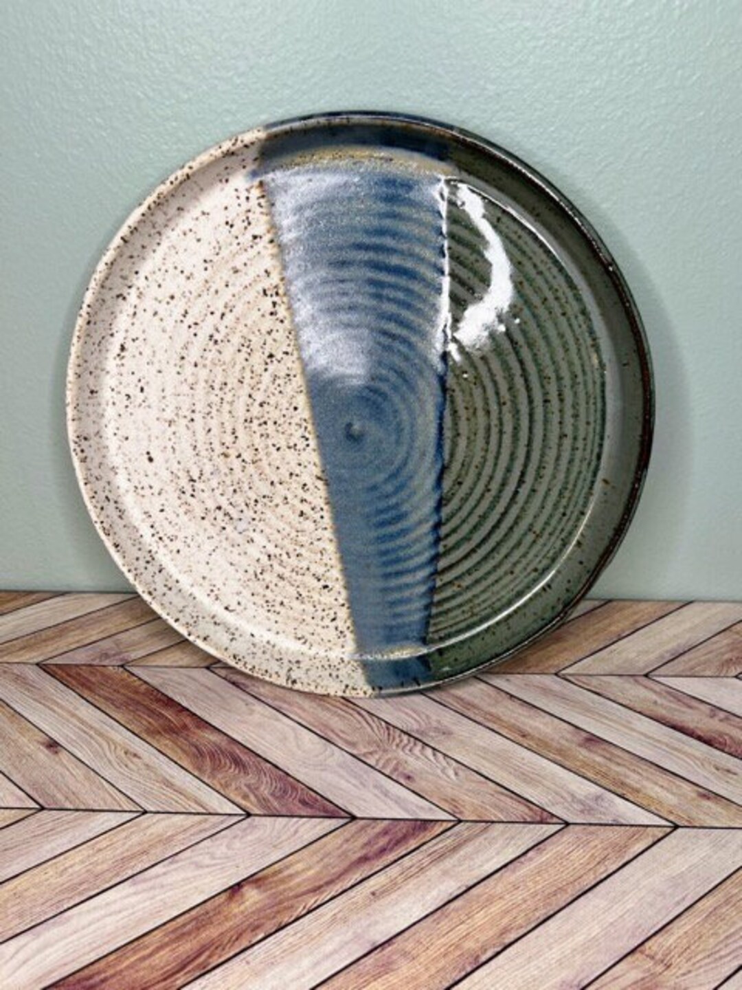Tri-color Serving Plate Blue Green White Brown Handmade Ceramic Unique ...