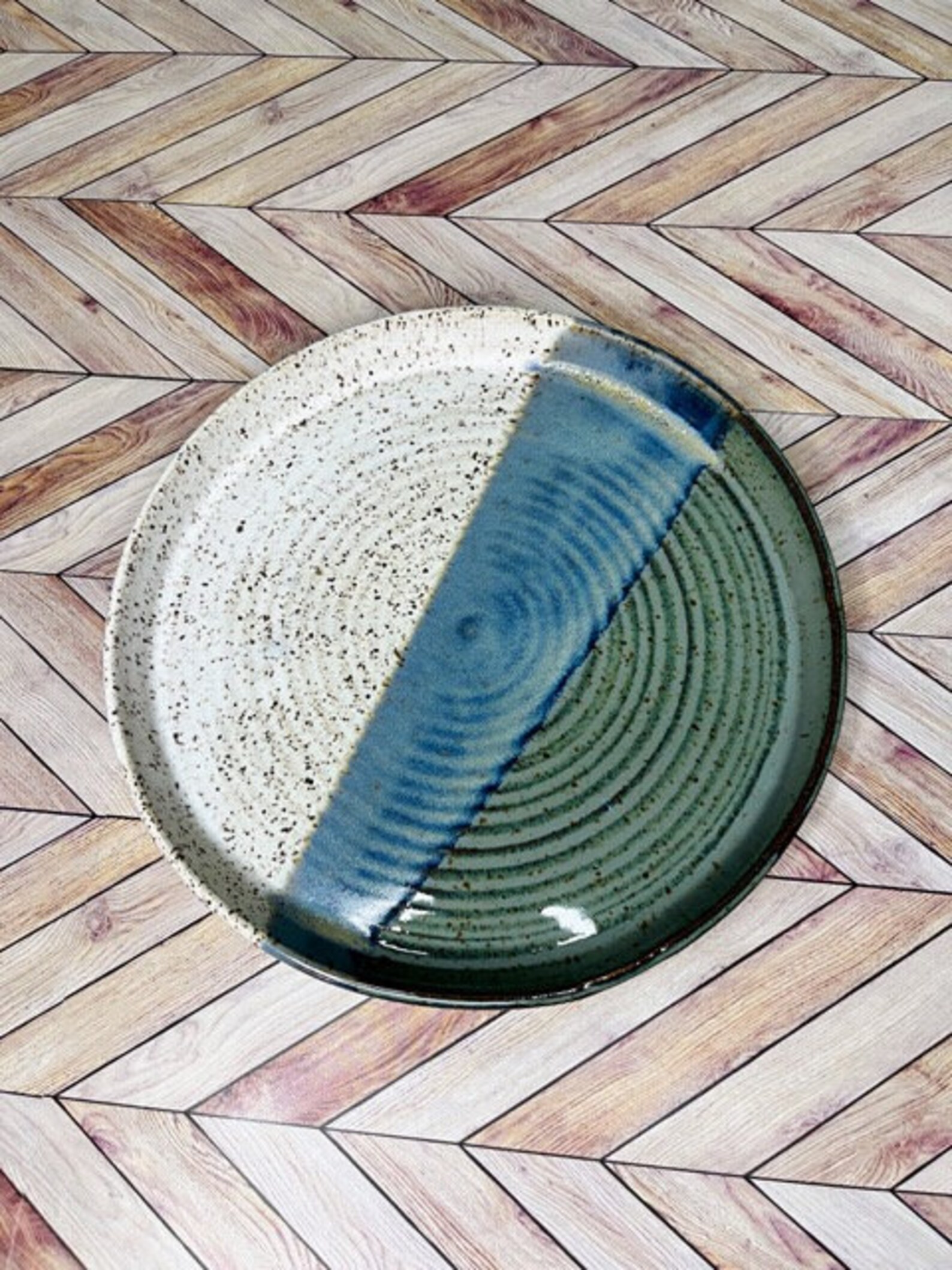 Tri-color Serving Plate Blue Green White Brown Handmade Ceramic Unique ...