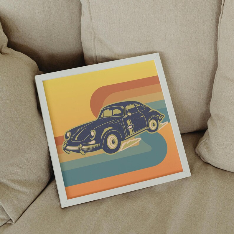 Vintage Car Sunset Art Print, Vintage Car Art Print, Retro Vintage Car ...