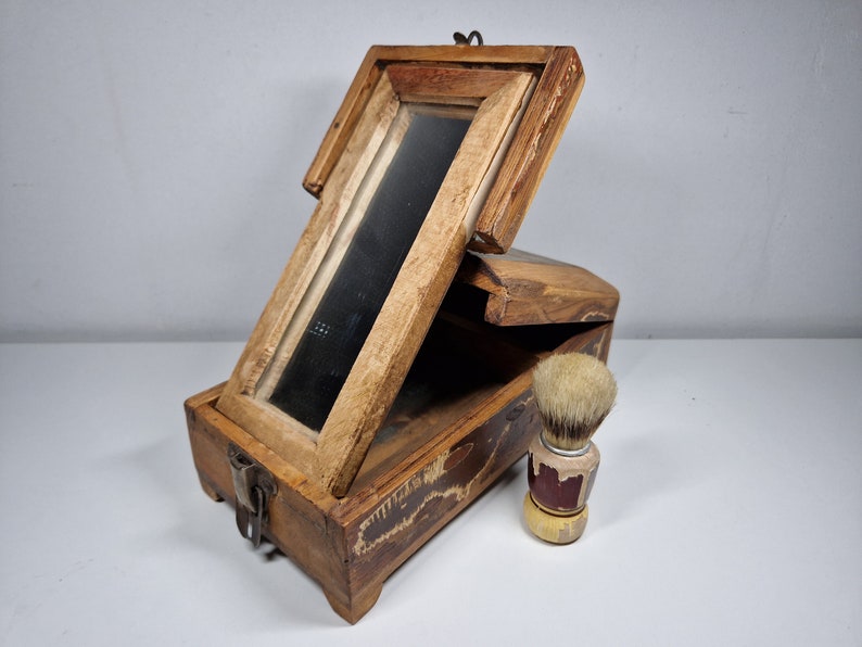Smart Wooden Shaving Box, Wooden Barber Box With Mirror, Vintage ...