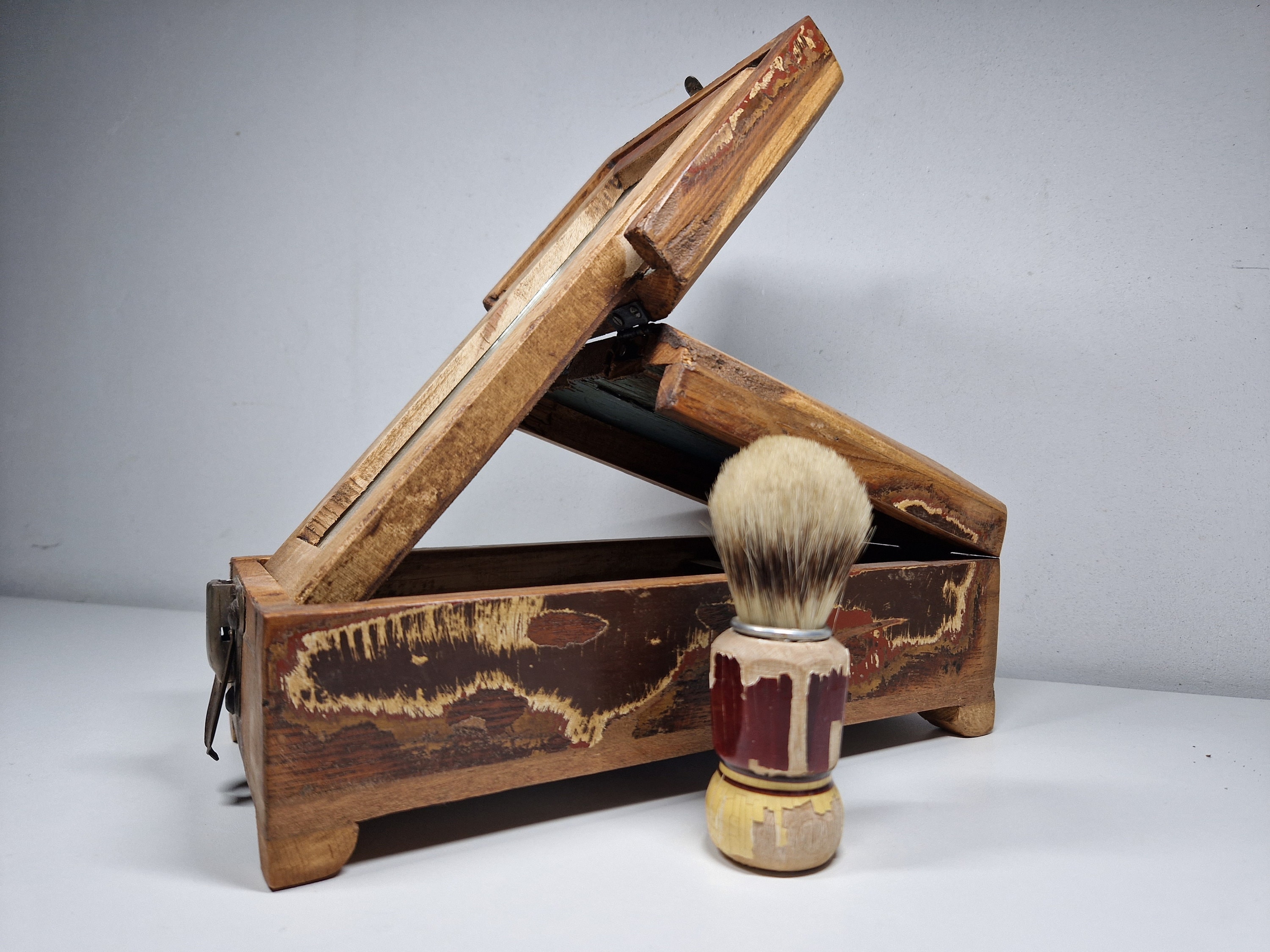 Smart Wooden Shaving Box, Wooden Barber Box With Mirror, Vintage ...