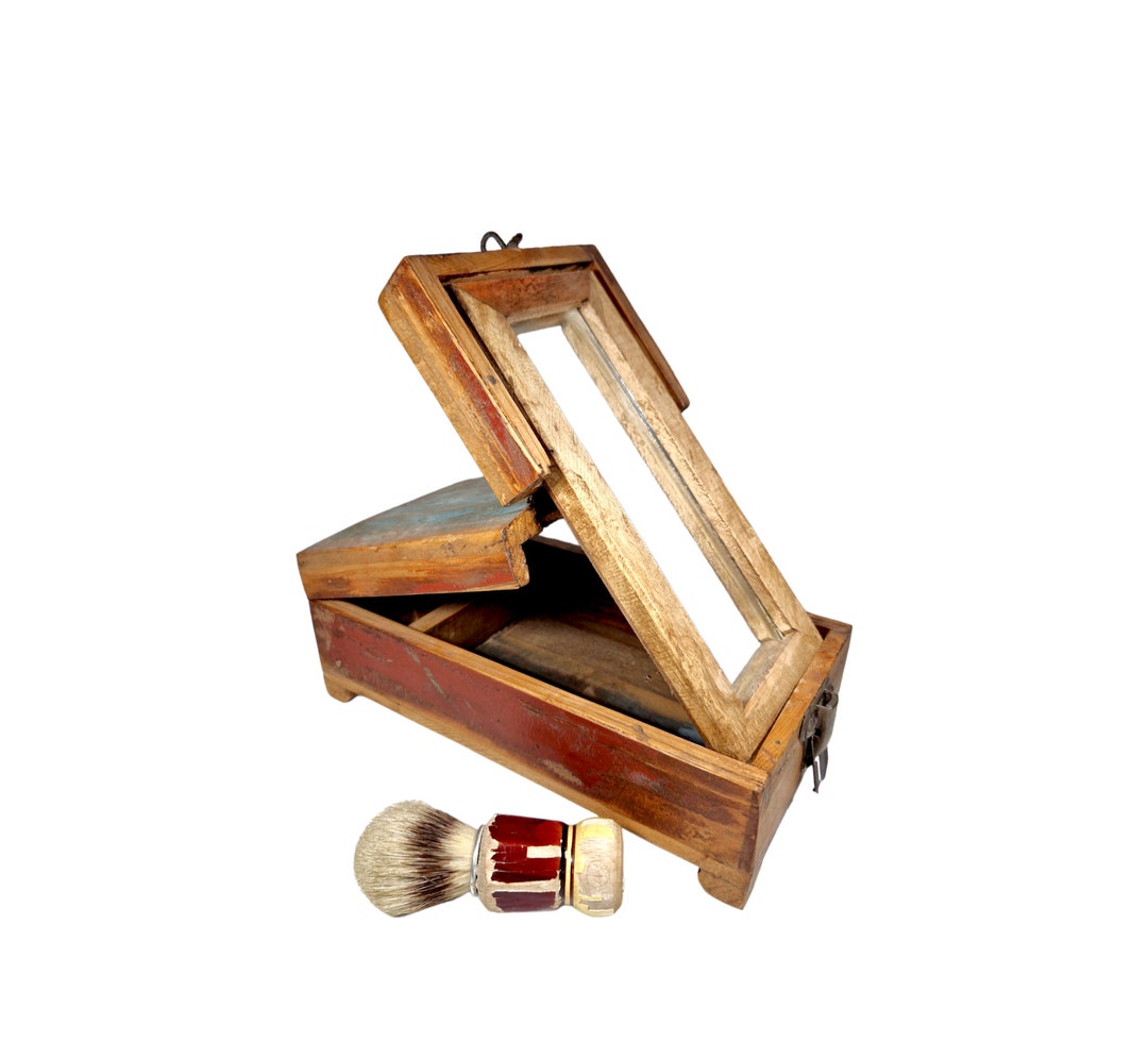 Smart Wooden Shaving Box, Wooden Barber Box With Mirror, Vintage ...