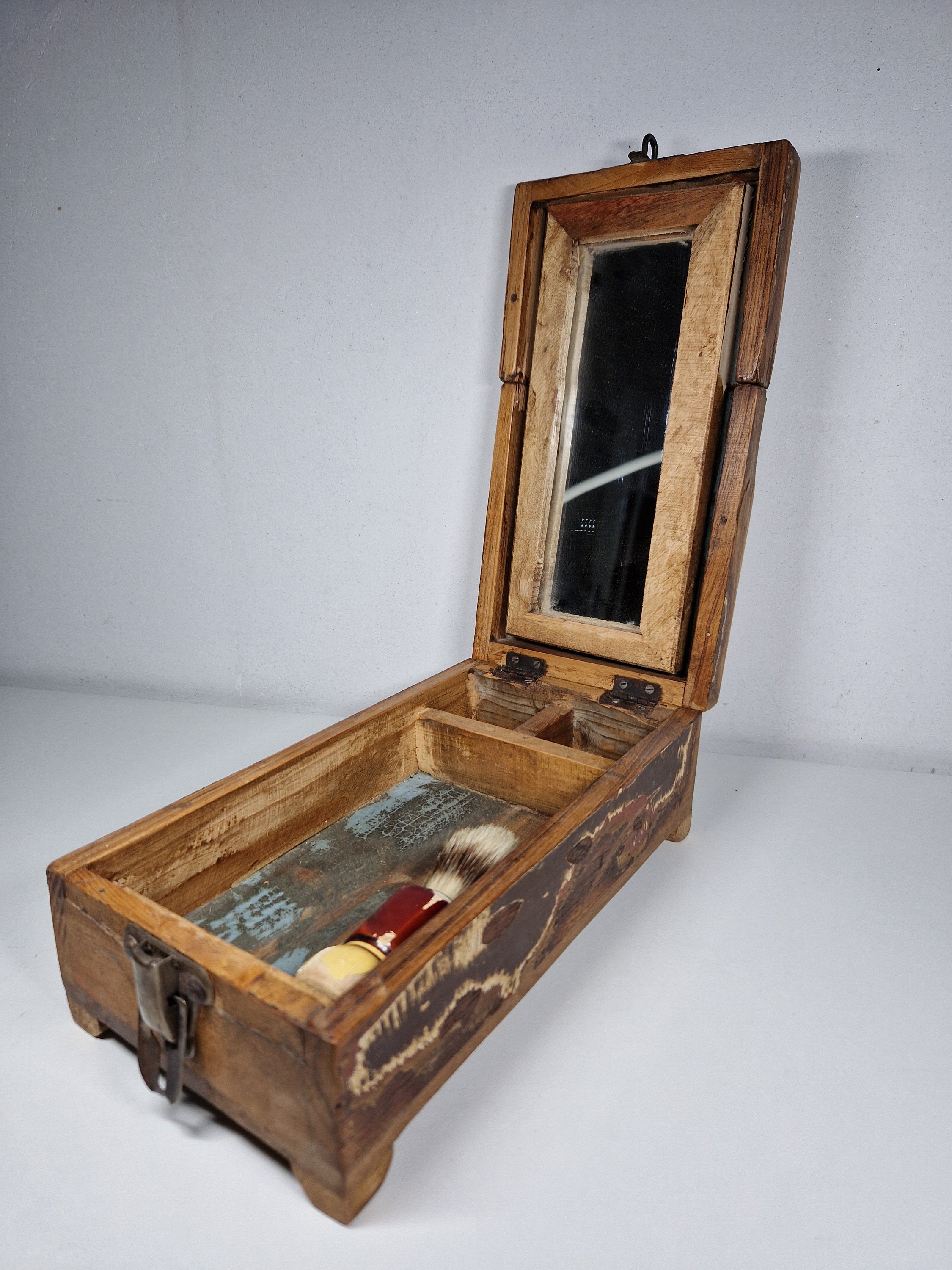 Smart Wooden Shaving Box, Wooden Barber Box With Mirror, Vintage ...