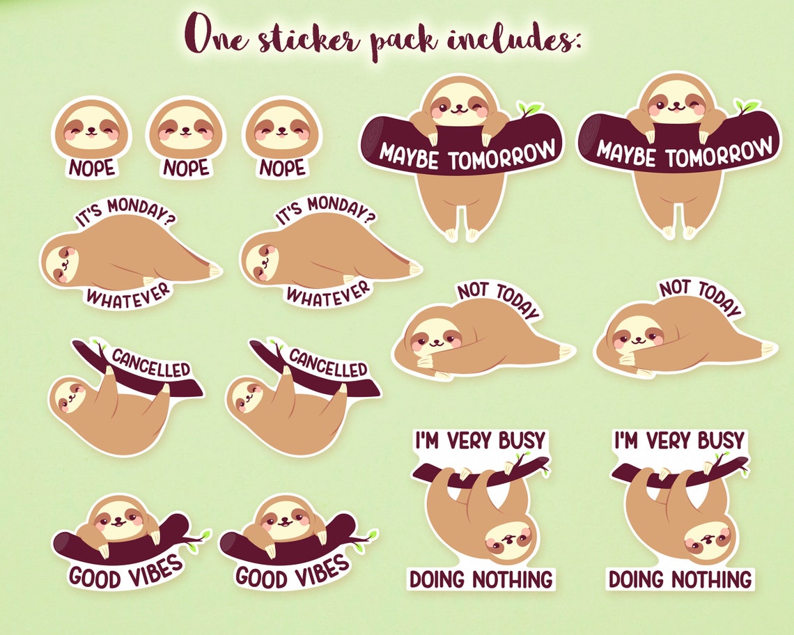 Sloth Stickers Cute Sloth Sticker Set Sticker Pack Cute - Etsy