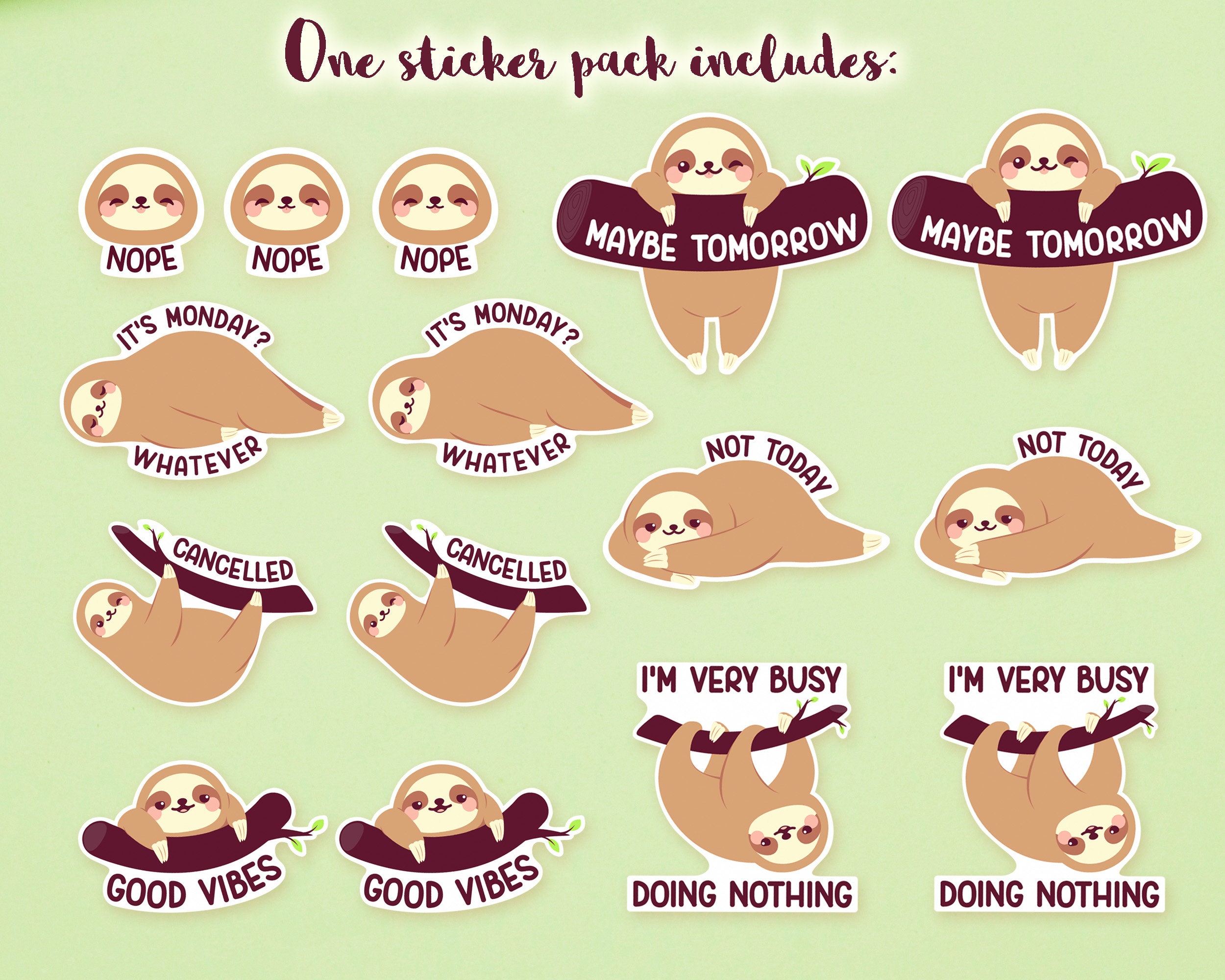 Sloth Stickers - Cute Sloth Sticker Set - Sticker Pack - Cute Stickers ...