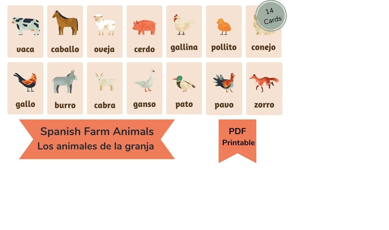 14 Educational Spanish Farm Animal Flash Cards Learn Spanish Animals in ...