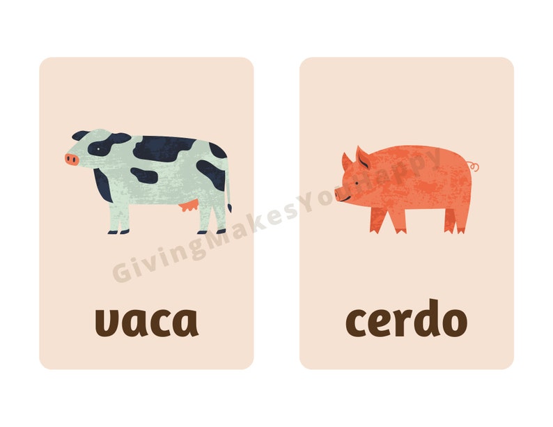 14 Educational Spanish Farm Animal Flash Cards • Learn Spanish ...