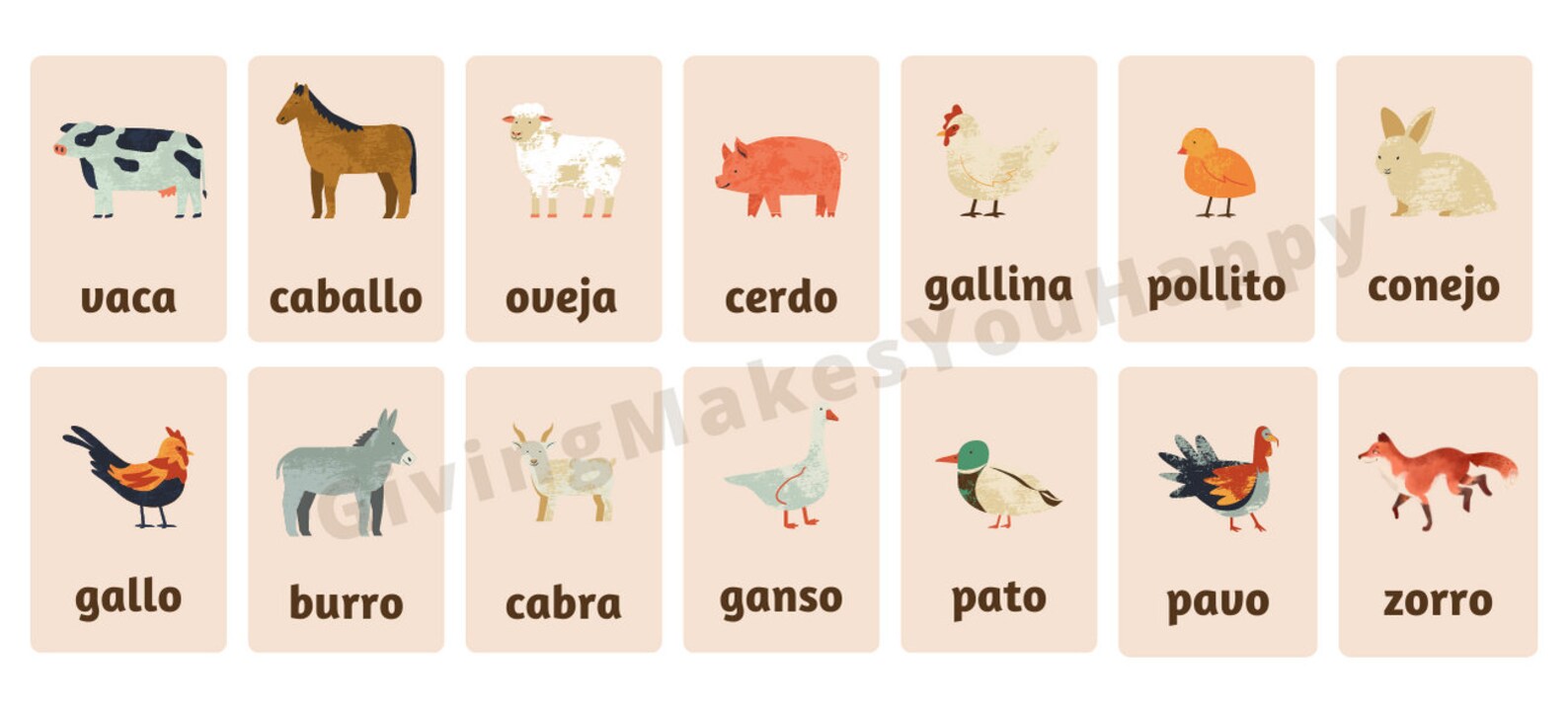 14 Educational Spanish Farm Animal Flash Cards Learn Spanish Animals in ...