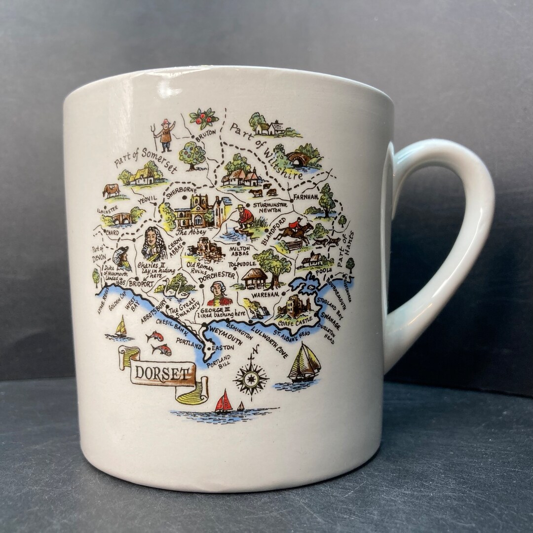 Vintage Dorset Map and Charmouth Bone China Mug Britannia Designs Ltd ...