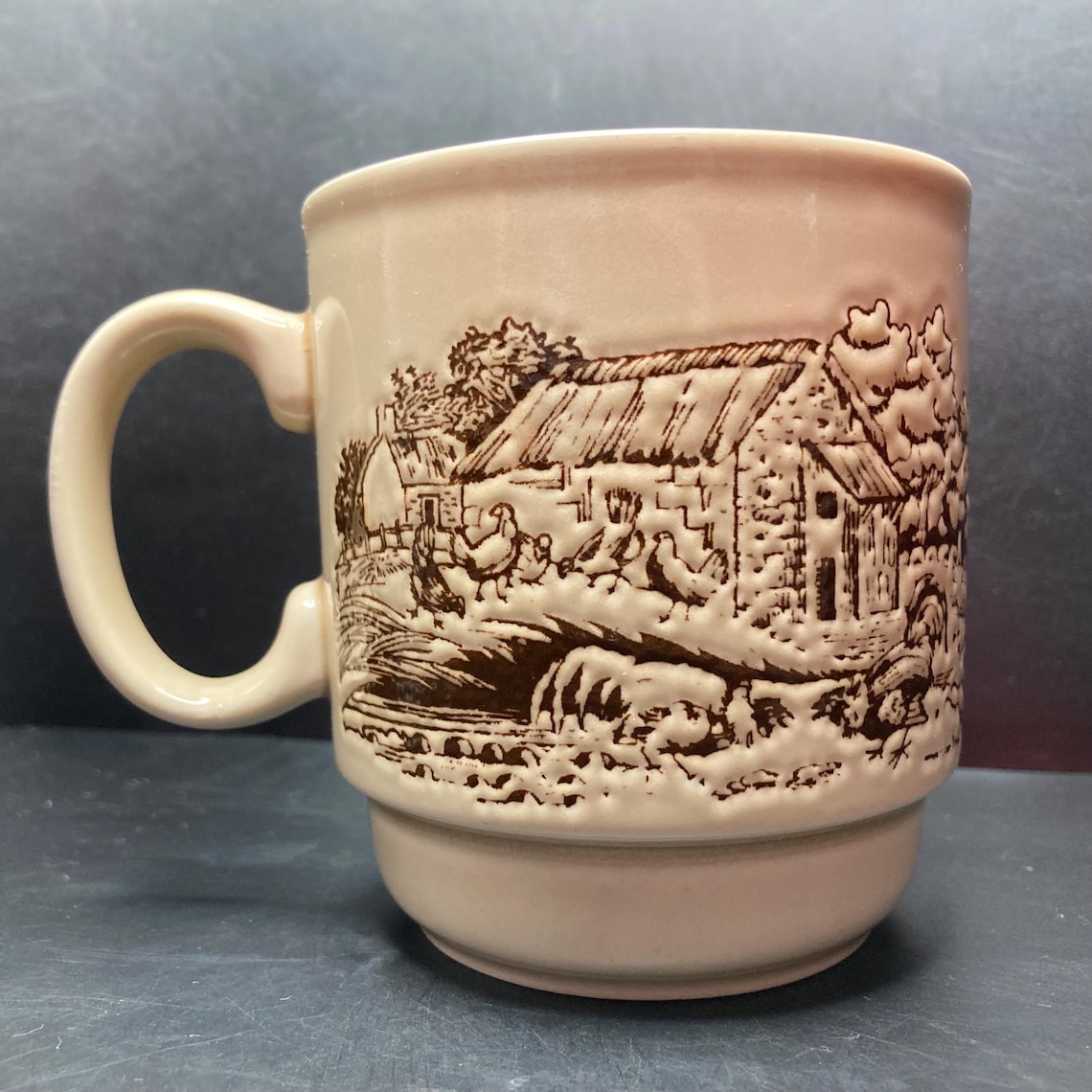 Vintage Kiln Craft Farmyard Scene With Dog & Chickens Embossed ...