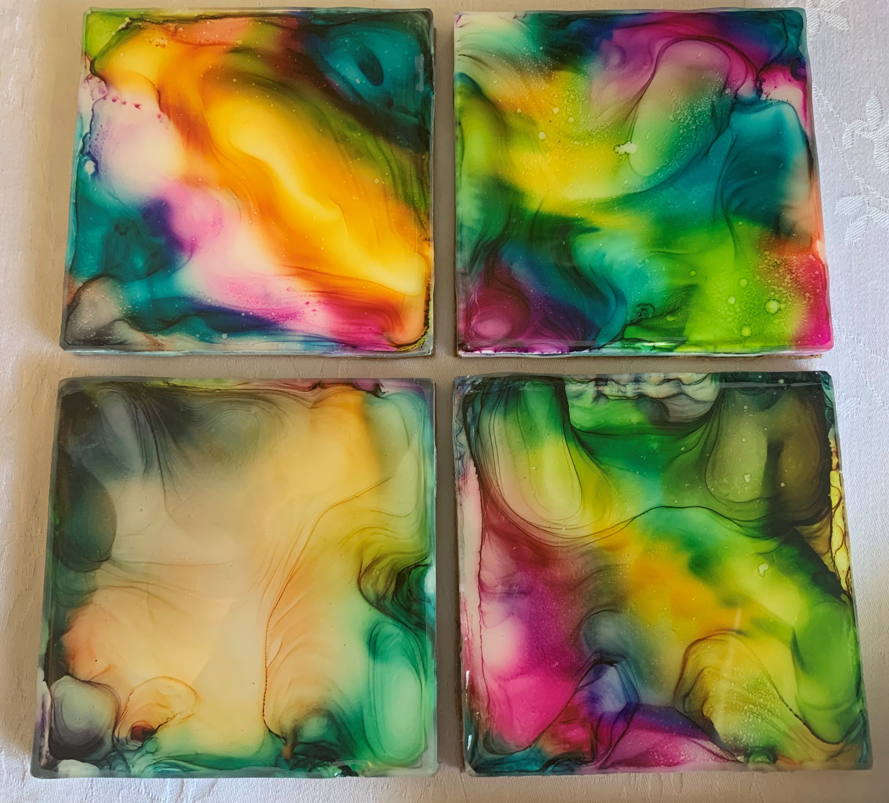 Alcohol ink ceramic tile coaster in bright Rainbow of colors | Etsy