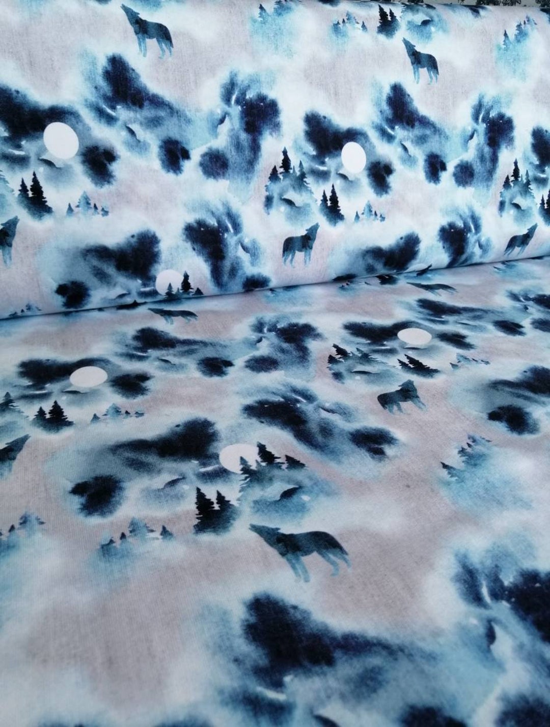 French Terry Wolf Mond grau blau Denim Look - Etsy Österreich