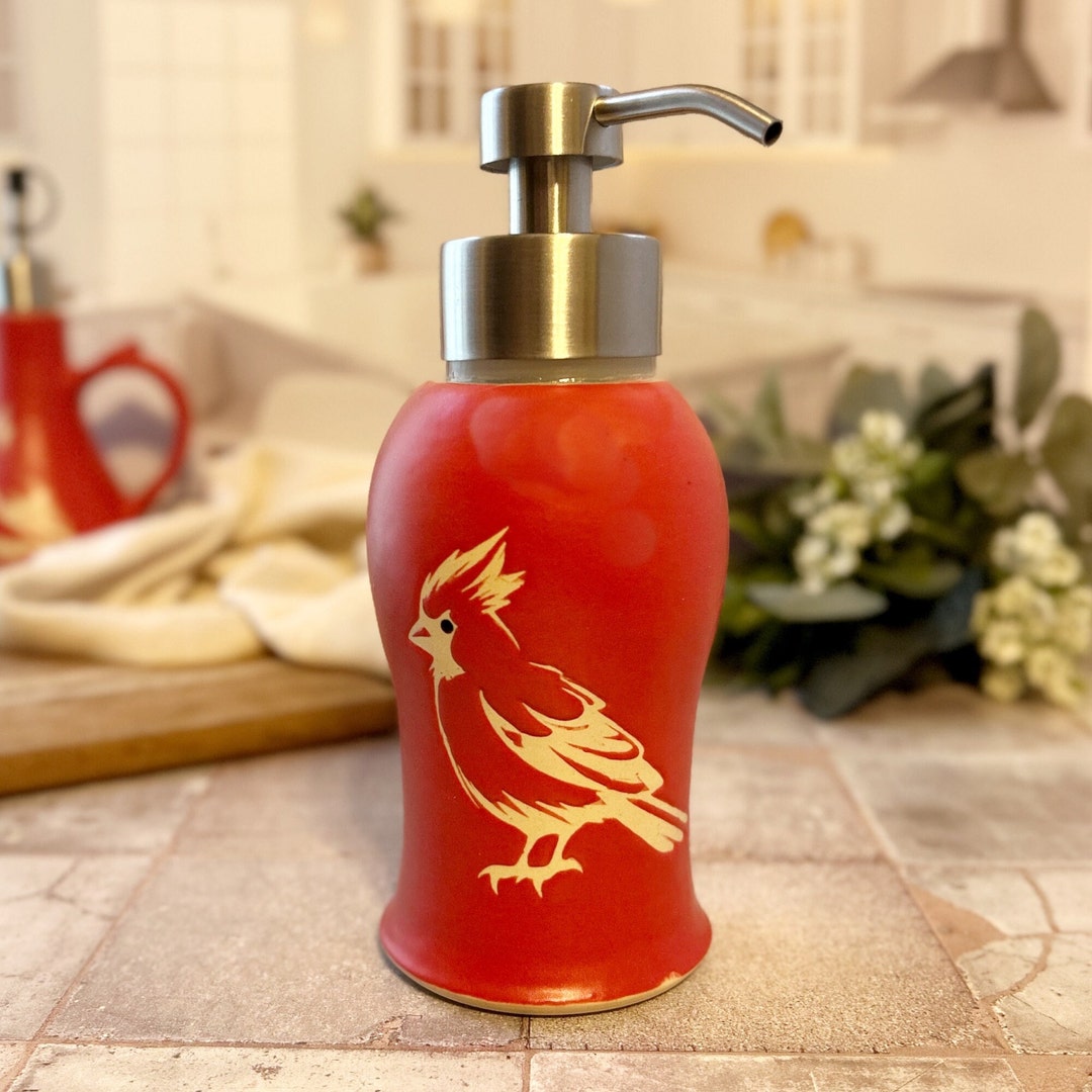 Handmade Red Cardinal Stoneware Foaming Soap Dispenser, Kitchen or ...
