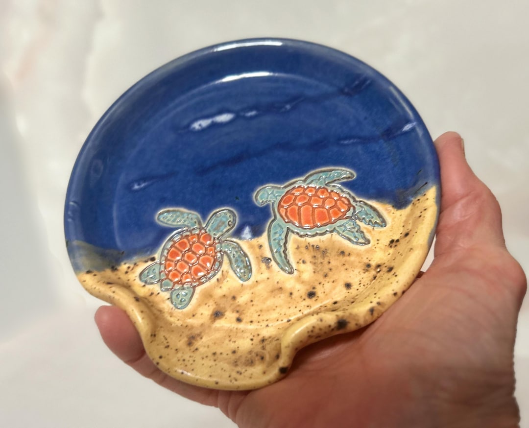 Blue and Tan Sea Turtle Spoon Rest - Unique Stoneware Kitchen Accessory ...
