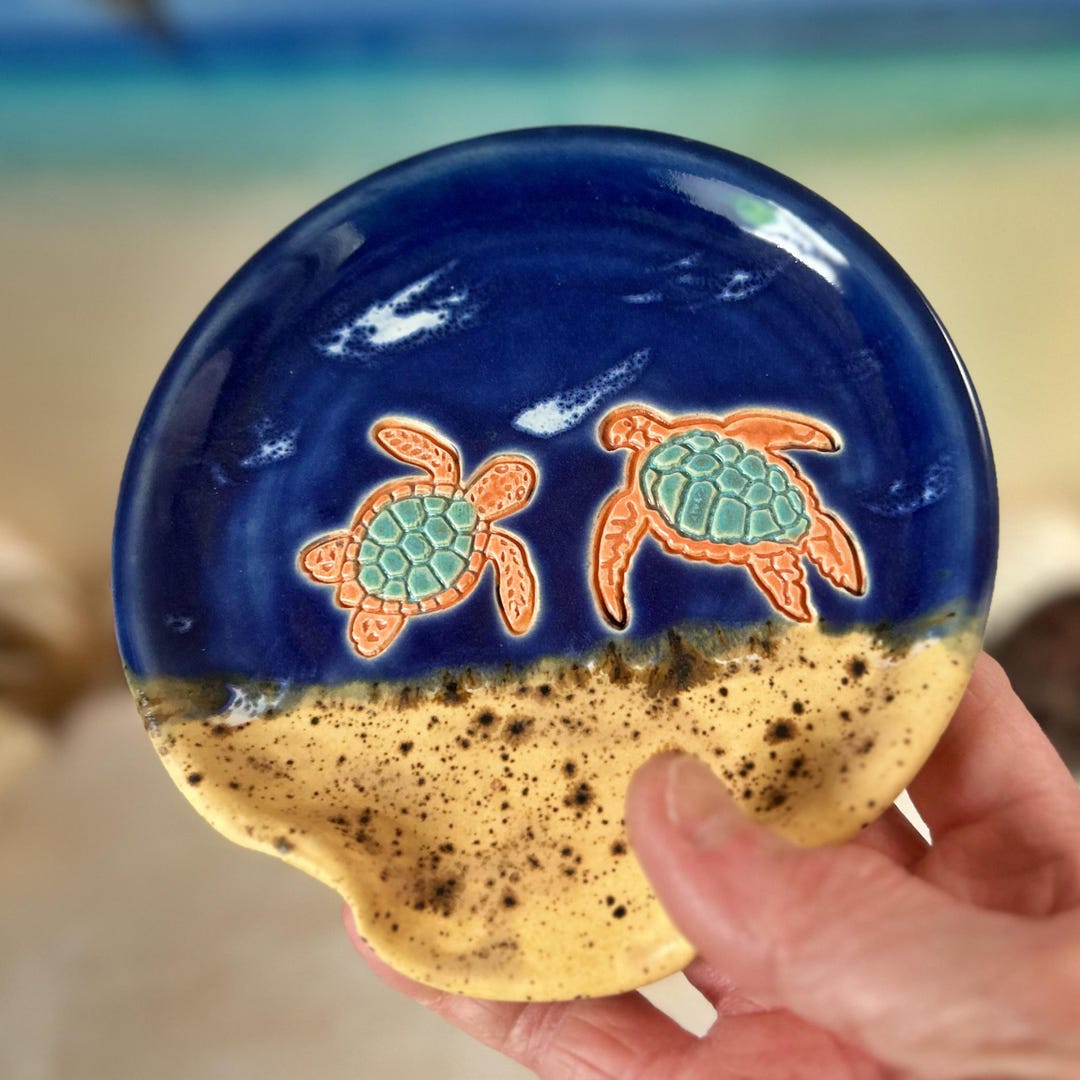 Blue and Tan Sea Turtle Spoon Rest - Unique Stoneware Kitchen Accessory ...