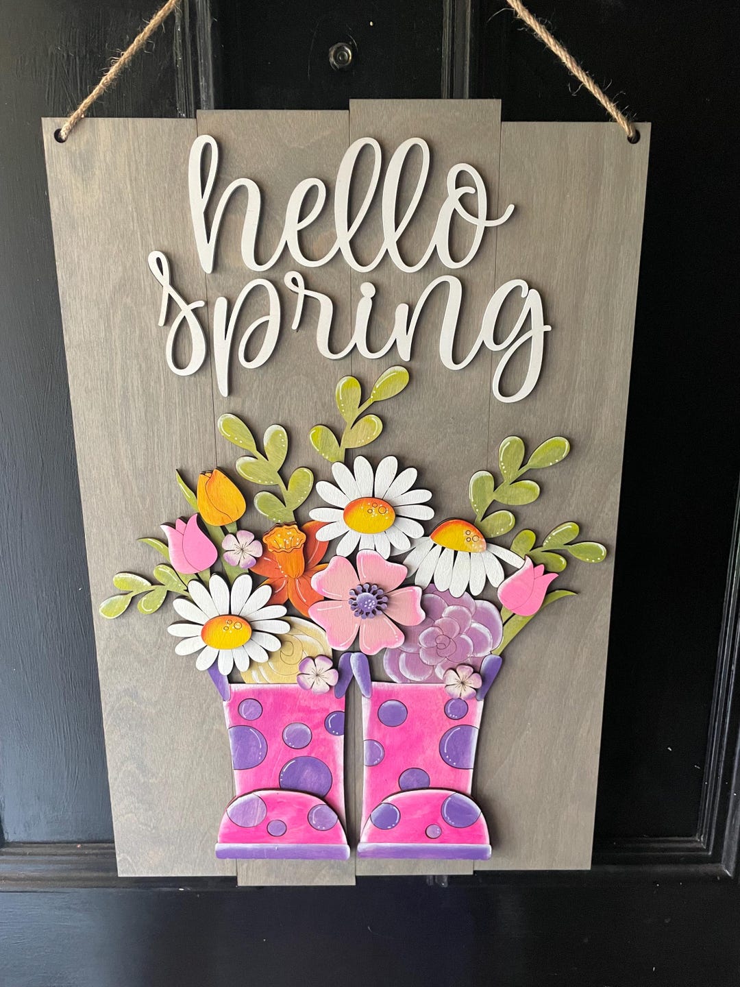 Hello Spring Wooden Door Hanger – Hand-painted Spring Decor With Rain ...