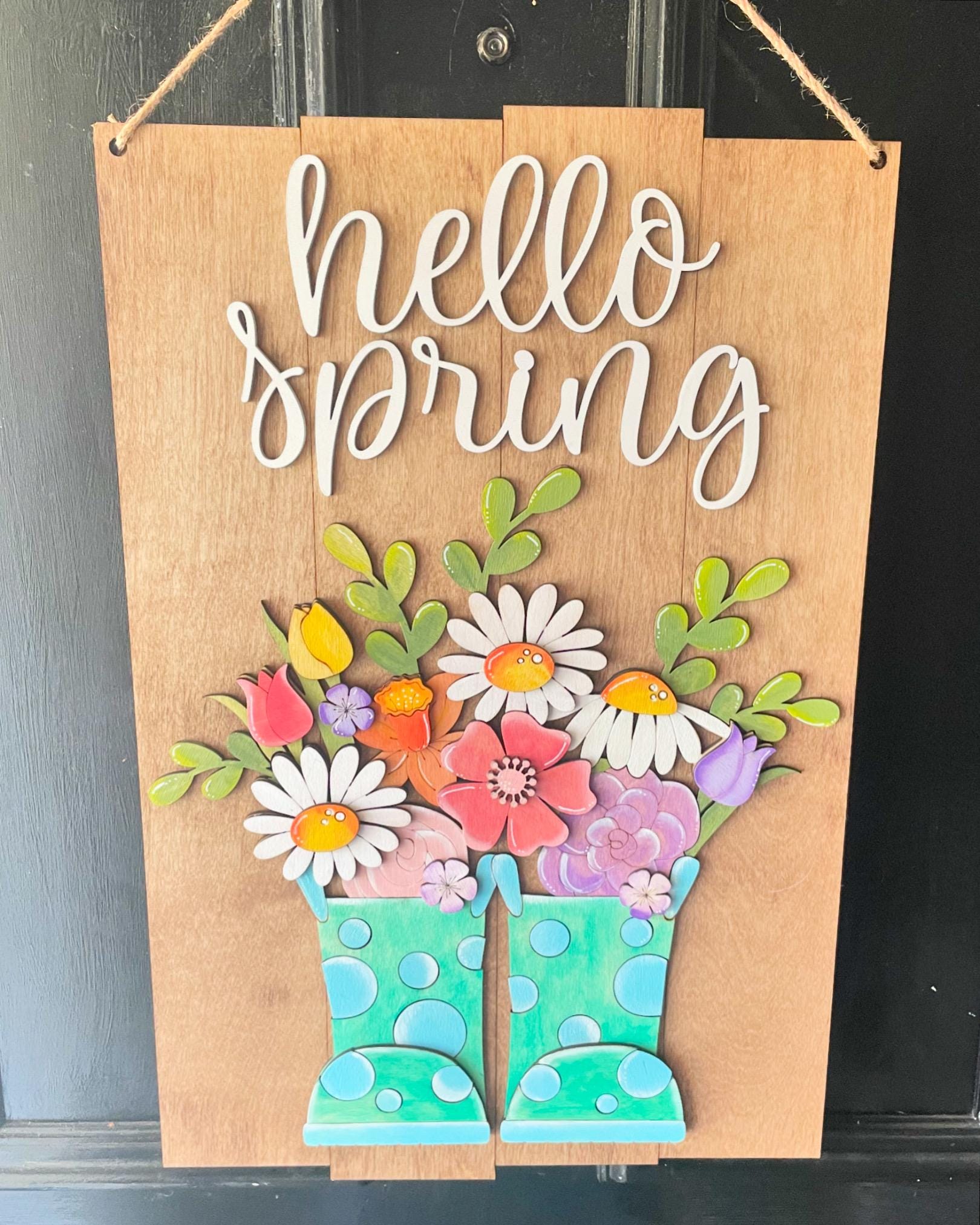 Hello Spring Wooden Door Hanger – Hand-painted Spring Decor With Rain ...