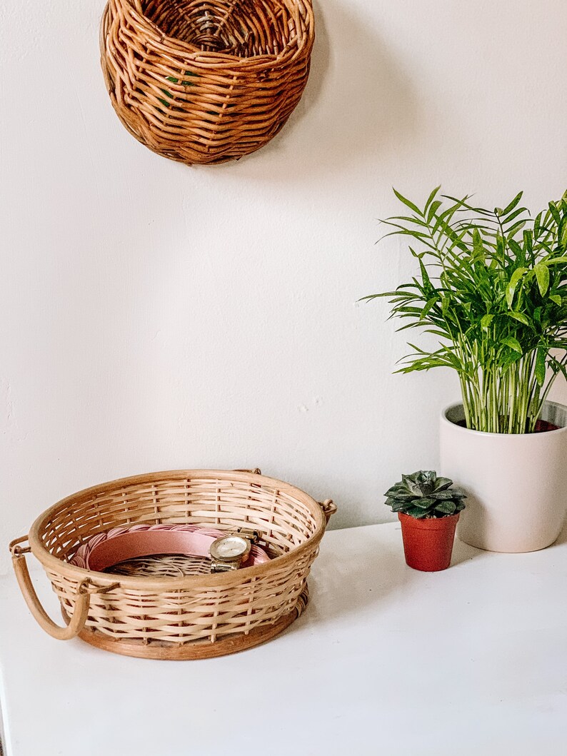 Vintage Wicker Basket With Handles | Round Flat Basket Tray | Rattan ...