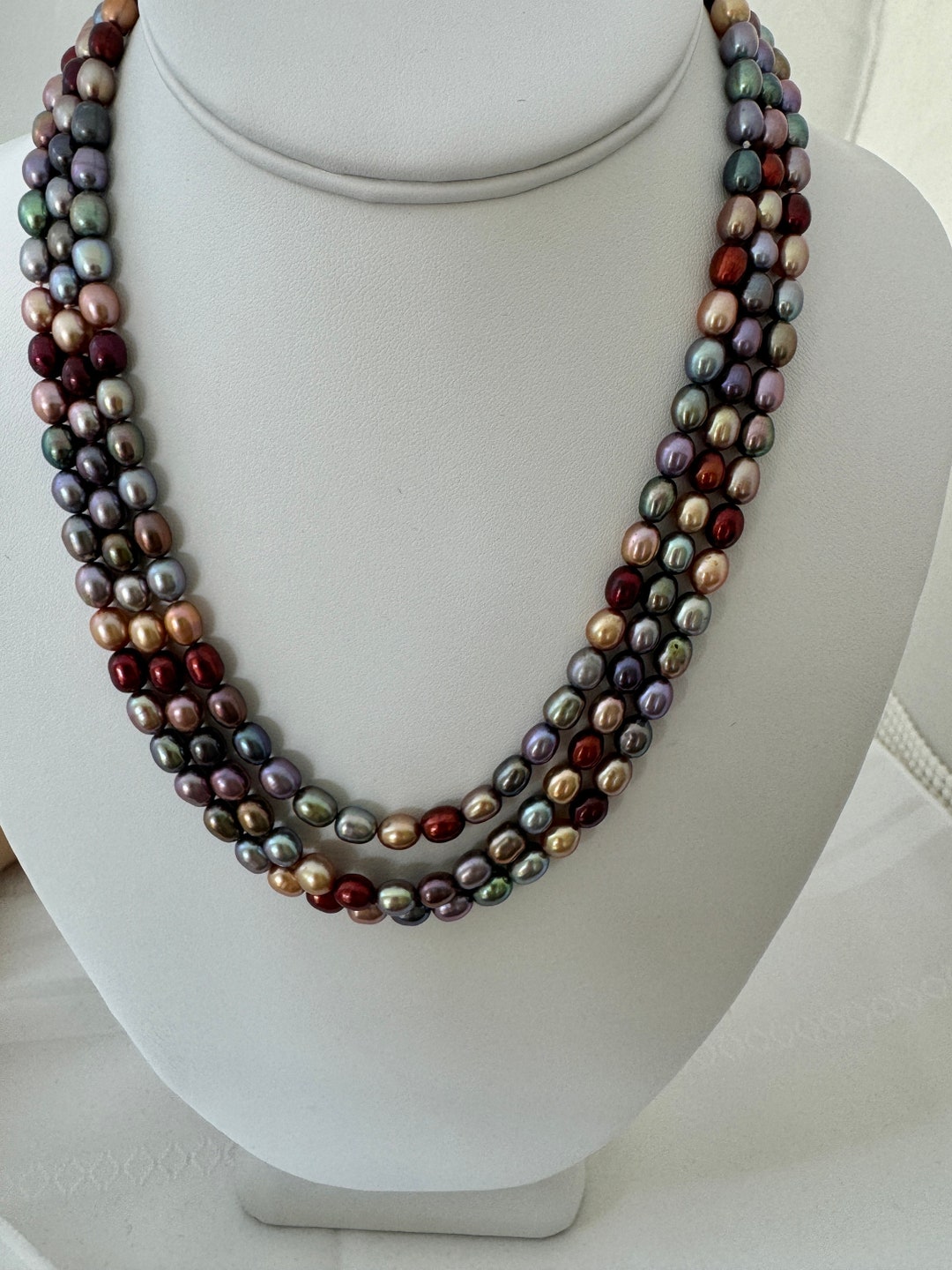 14K Gold Triple Strand Luster Cultured Pearl Necklace Filagree Square ...