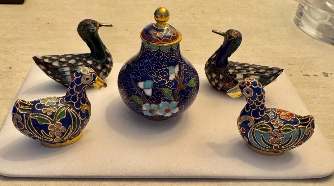 5 Cloisonne Enamel Miniatures Circa Mid 20th Century 4 Ducks + Ginger ...