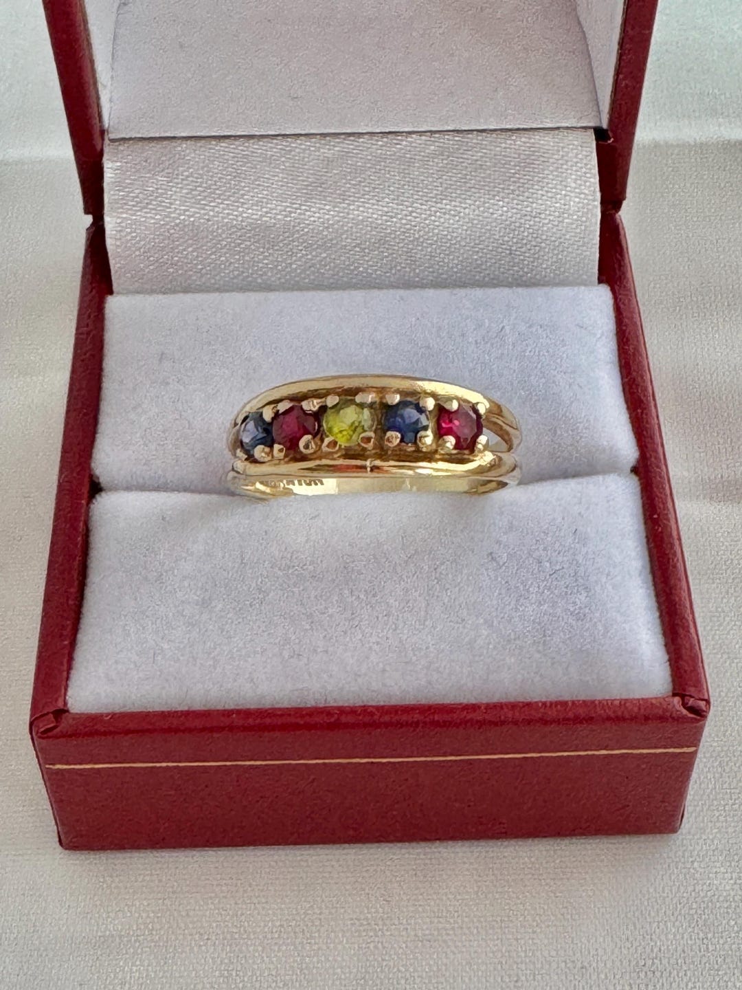10K Solid Gold Multi Color 5 Gemstones 2 Sapphire 1 Ruby Peridot Ring ...