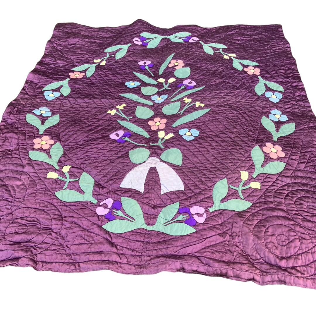 Vintage Satin Hand Stitched Quilt 72x 84 Purple Silver Floral Applique ...