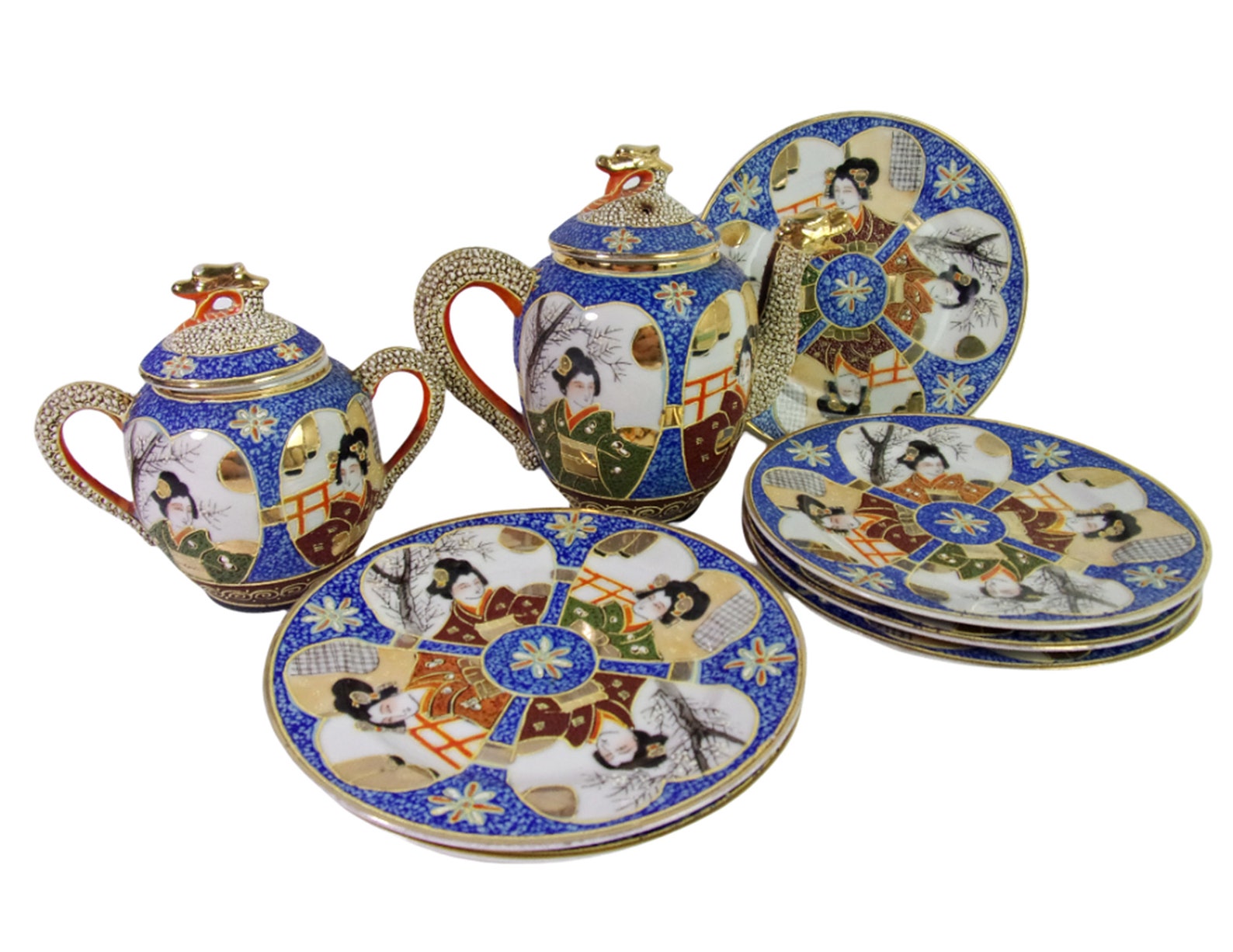 Vintage Satsuma Tea Set Teapot Sugar Dessert Plates Dragons - Etsy