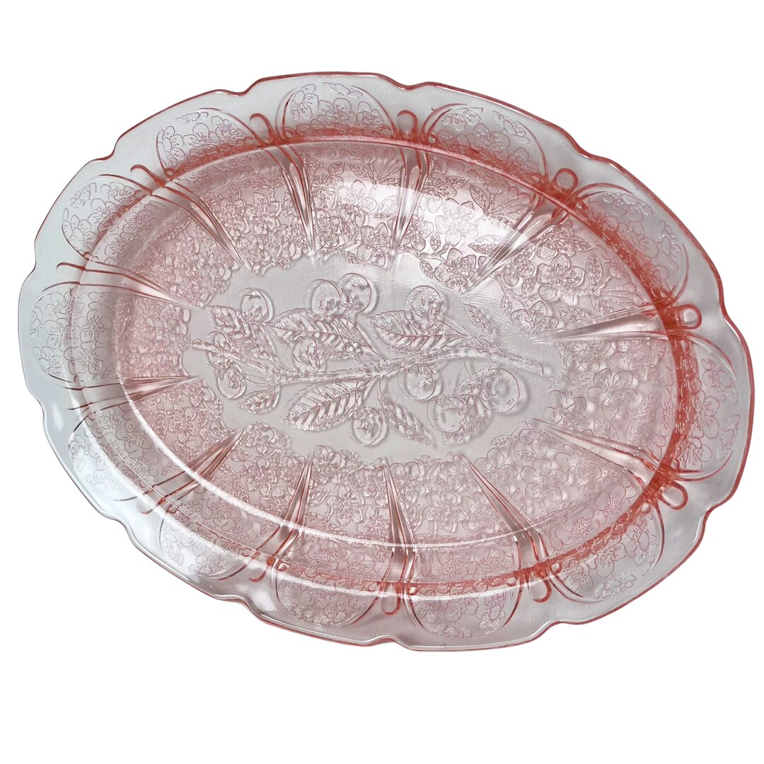 Antique Cherry Blossom PINK Depression Glass Oval PLATTER Art Deco ...