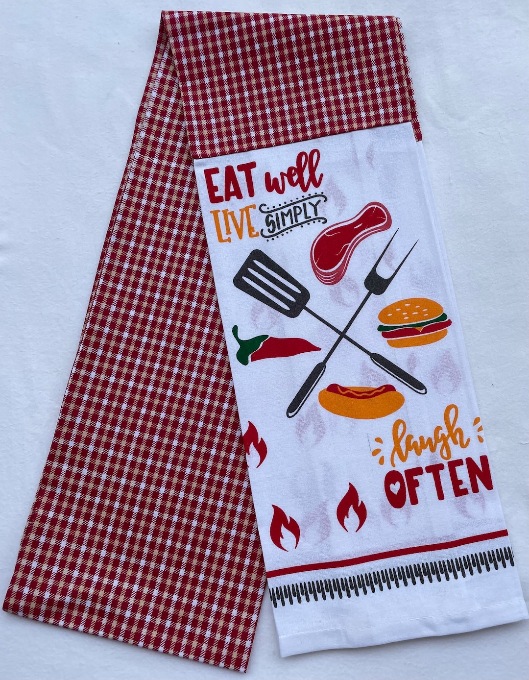 Kitchen Towel Scarf - Eat Well Laugh Often - Red/tan Plaid (flour Sack ...