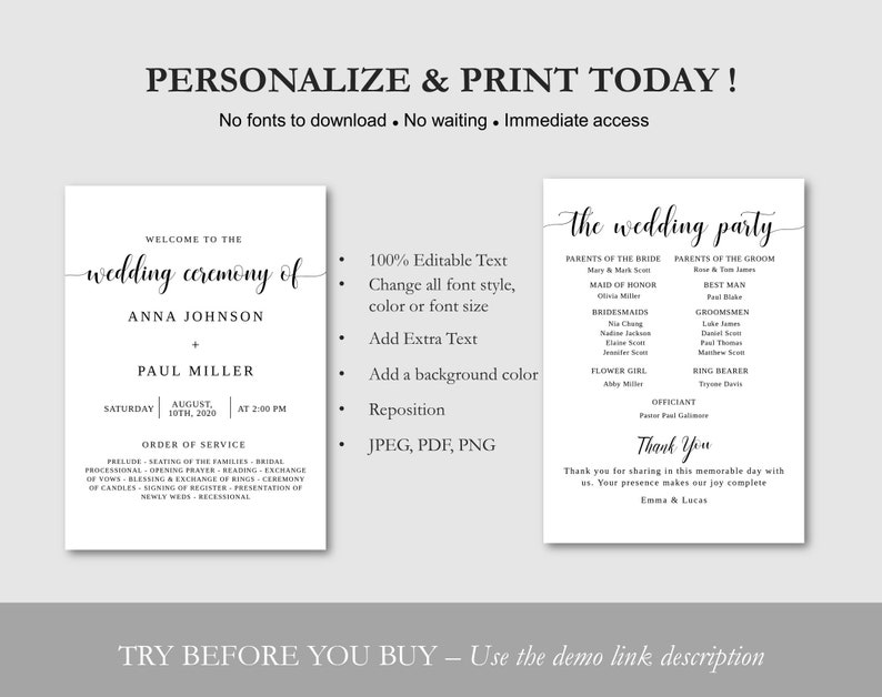Printable Wedding Ceremony Program Template Simple Program - Etsy