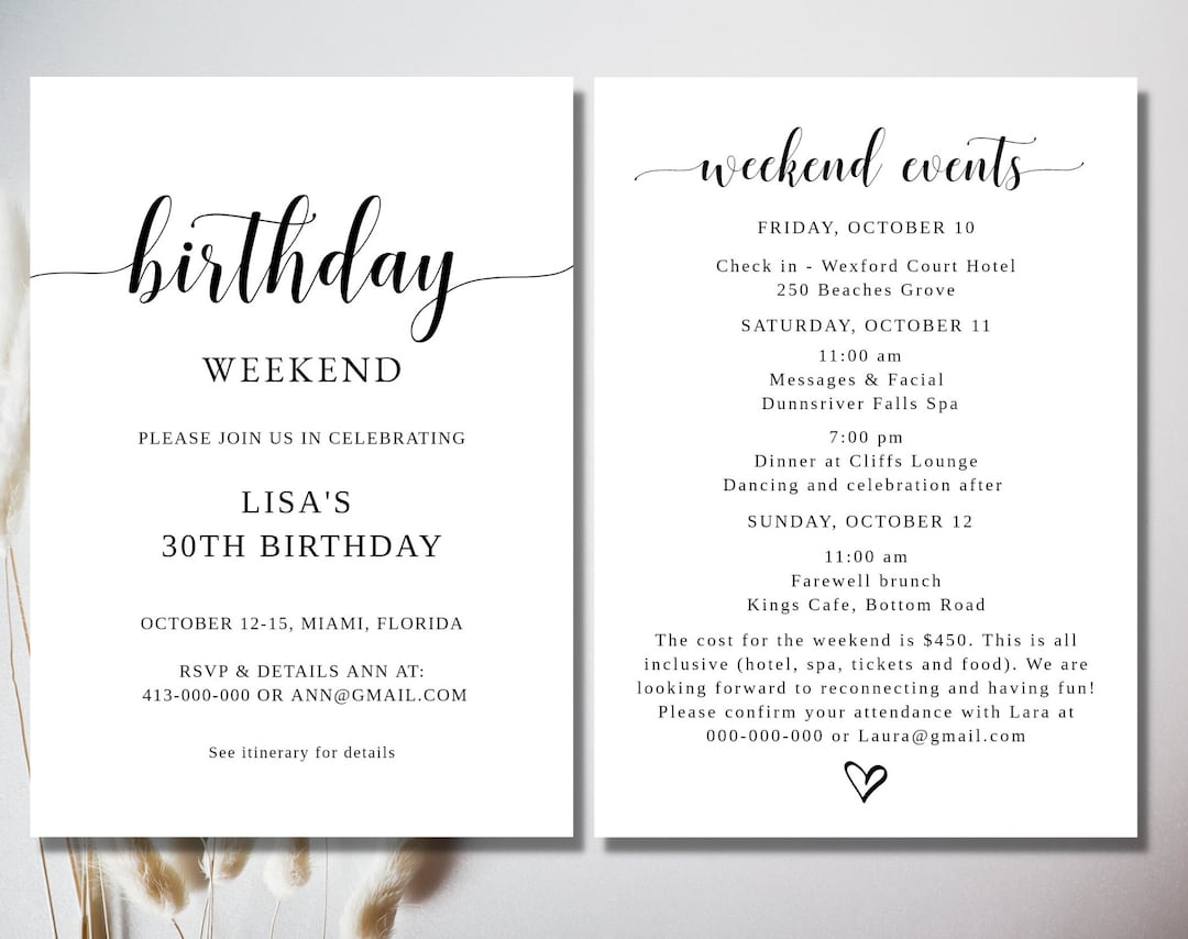 Birthday Party Weekend Itinerary Editable Template Instant Download - Etsy
