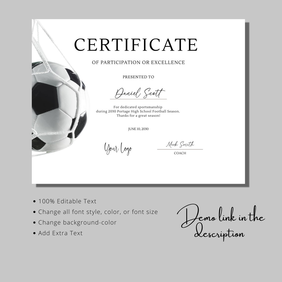 Football Award Certificates Editable Sports Award Ceremony - Etsy