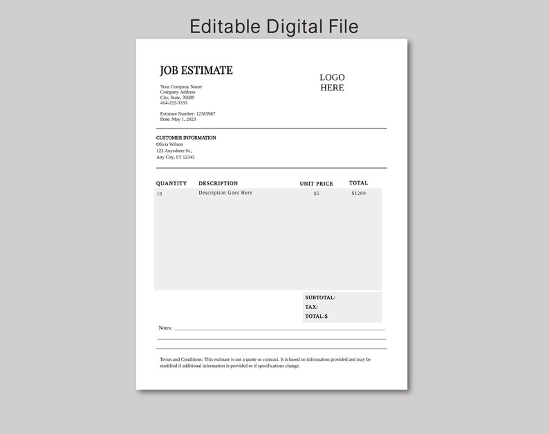 Editable Job Estimate Template: Printable Contractor Form (free ...