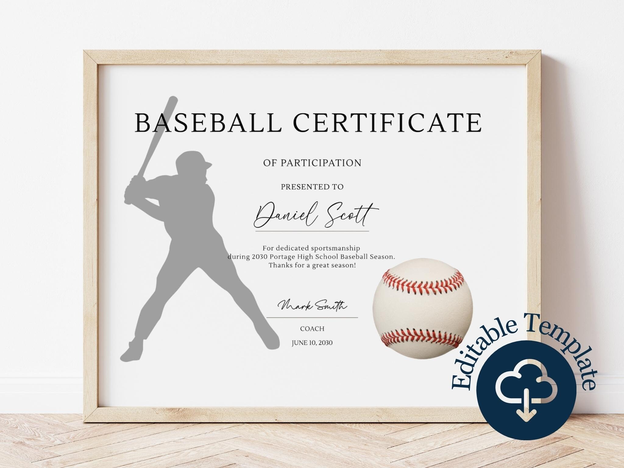 Editable Baseball Award Certificate: End of Season, Printable (instant ...