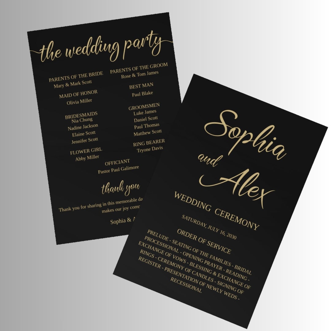 Black and Gold Wedding Program Template Instant Download Customizable - Etsy