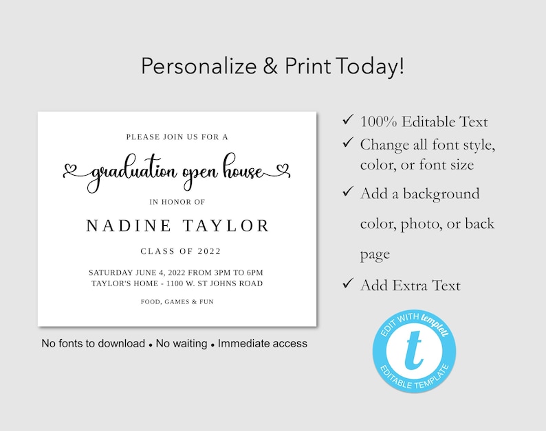 Graduation Open House Invitation Template: 2026 Modern Calligraphy ...