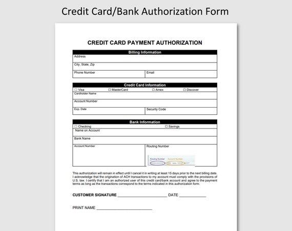 Credit Card Authorization Form PDF Word Doc Credit Card - Etsy