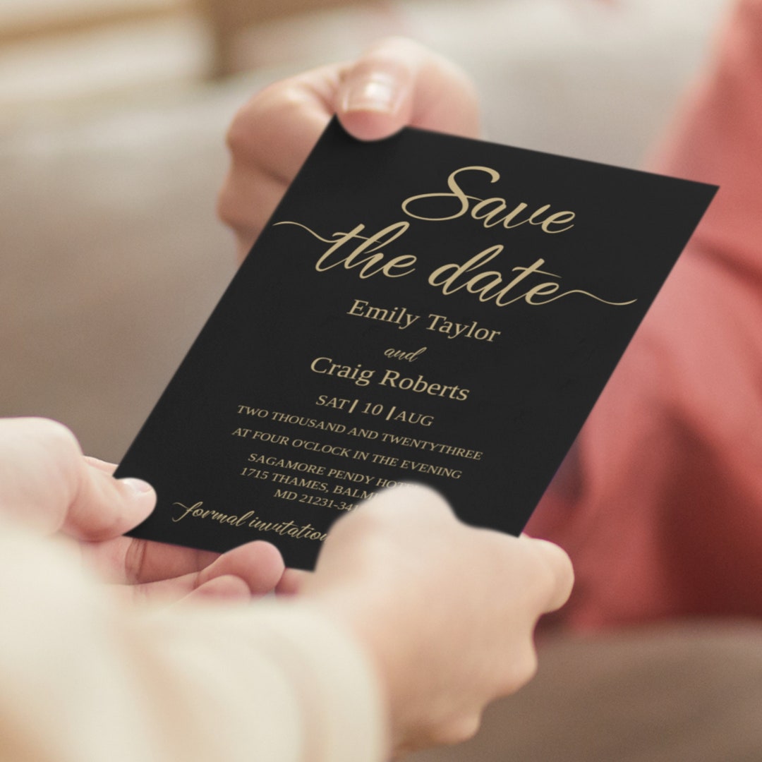 Black and Gold Save the Date Template: Elegant Wedding Invitation ...