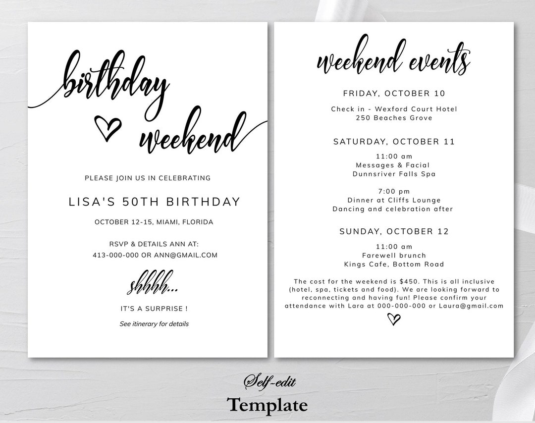 Printable Birthday Itinerary Template Editable Birthday Itinerary 