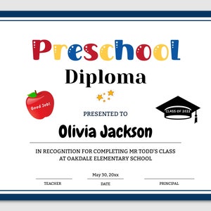 Preschool Graduation Diploma, Editable Kindergarten Certificate ...