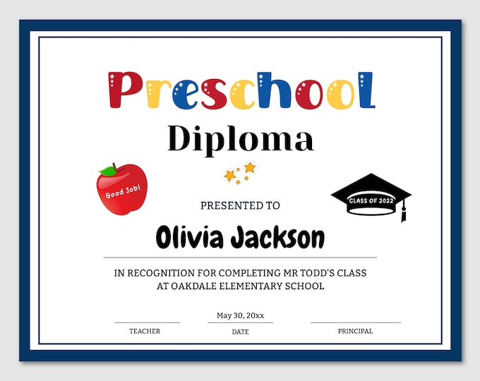 Editable Preschool Graduation Diploma: Keepsake Certificate (instant ...
