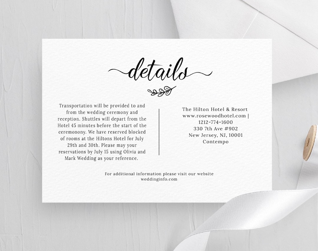 Editable Wedding Details Card Template: Calligraphy Design (digital ...