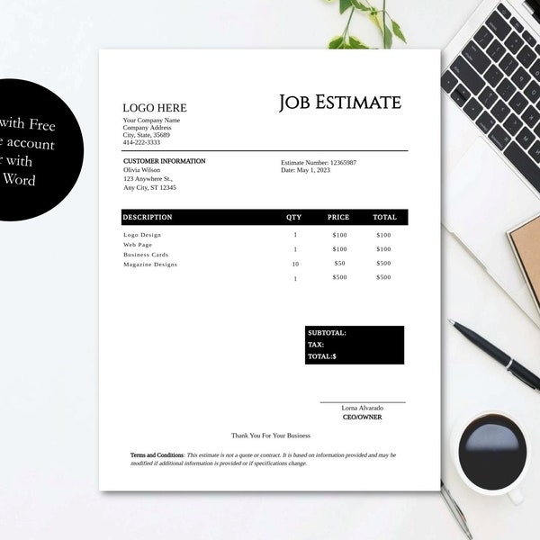 Job Estimate Template Construction - Etsy