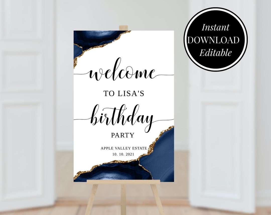 Birthday Welcome Sign Template Digital Download Blue Gold Party Decor ...