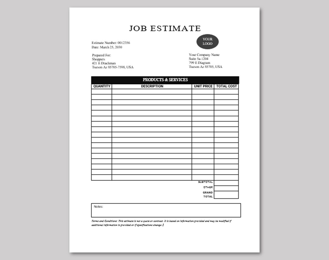 Job Estimate Template, Estimate Editable Template Custom, Printable ...